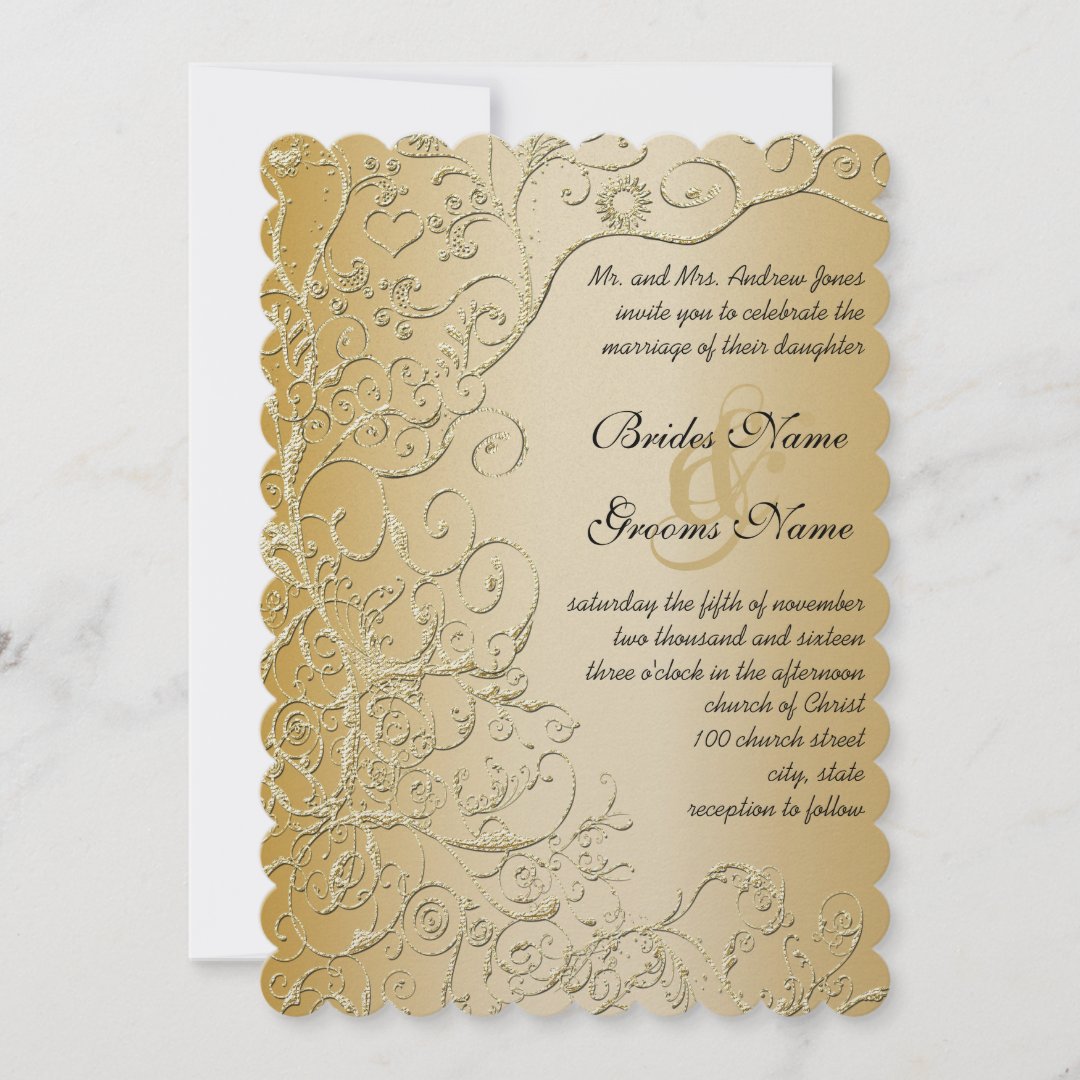 Elegant Gold Swirls Black Font Wedding Invitation | Zazzle