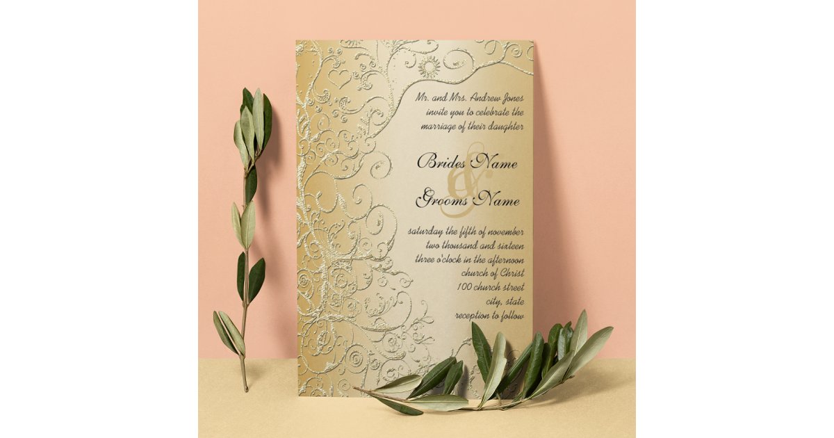 Elegant Gold Swirls Black Font Wedding Invitation | Zazzle