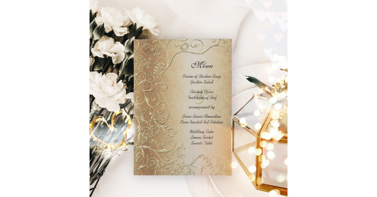 Elegant Gold Swirls Black Font Wedding Menu | Zazzle