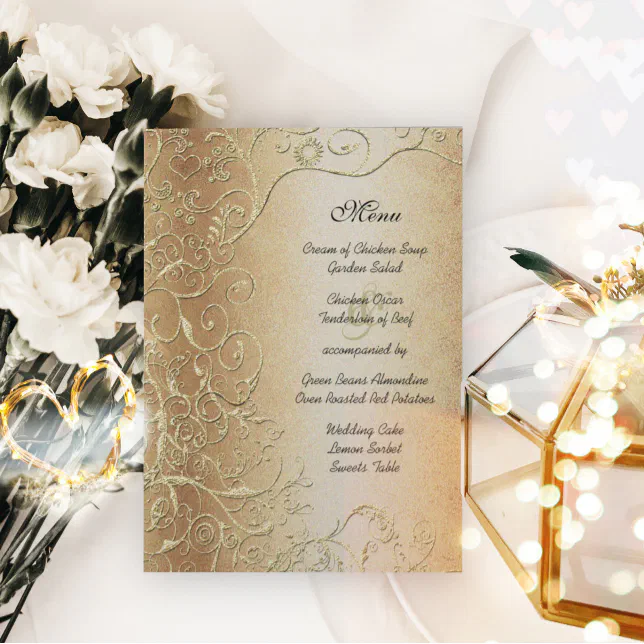 Elegant Gold Swirls Black Font Wedding Menu | Zazzle