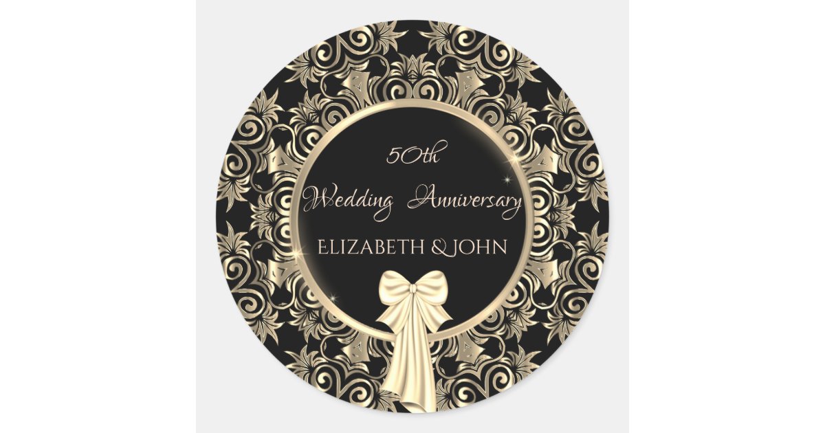 Elegant Gold Swirls,Bow Anniversary Classic Round Sticker | Zazzle