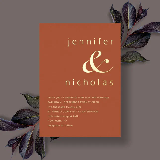 Elegant Gold Terracotta Ampersand Wedding Foil Invitation | Zazzle
