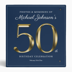 Elegant Gold Text 50th Birthday Navy Blue Custom 3 Ring Binder | Zazzle