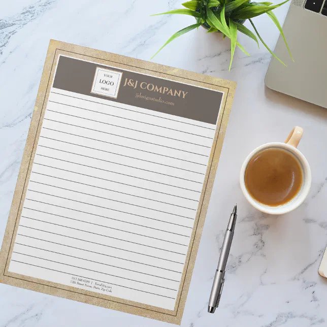 Elegant Gold Texture Brown Frame Logo Notepad | Zazzle