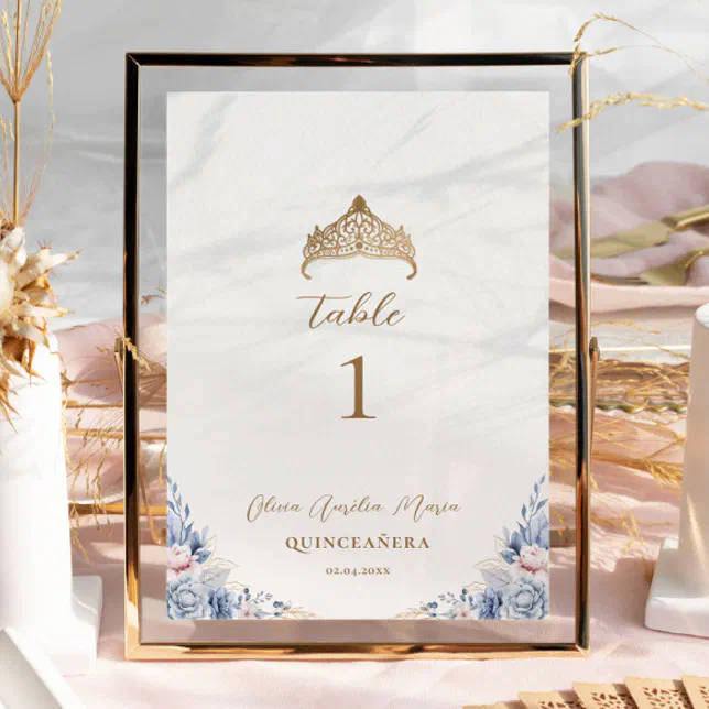 Elegant Gold Tiara Blue Floral Quinceañera Table Number | Zazzle