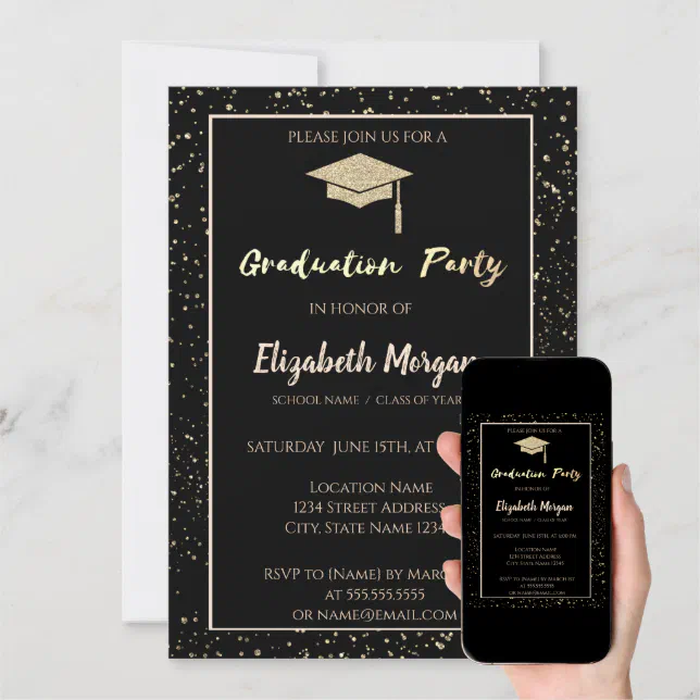 Elegant Gold Tiara Glitter Graduation Cap,Confetti Invitation | Zazzle