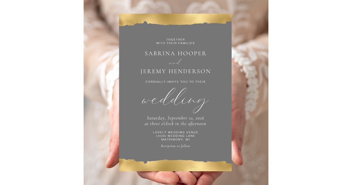 Elegant Gold Torn Edge Gray Invitation | Zazzle