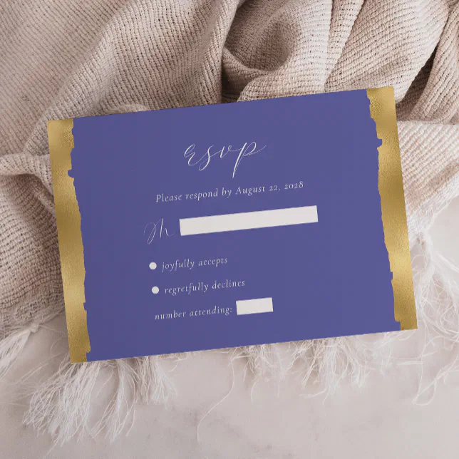Elegant Gold Torn Edge Periwinkle Wedding RSVP Card | Zazzle