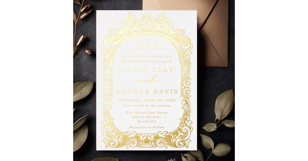 Elegant Gold Vintage Frame Monogram Wedding Foil Invitation | Zazzle