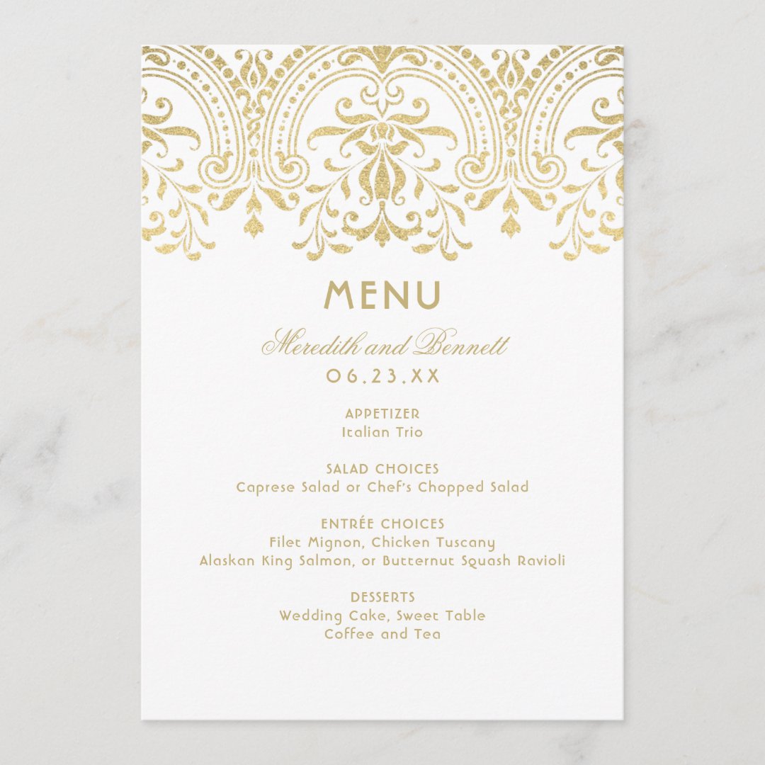 Elegant Gold Vintage Glamour Wedding Monogram Menu | Zazzle