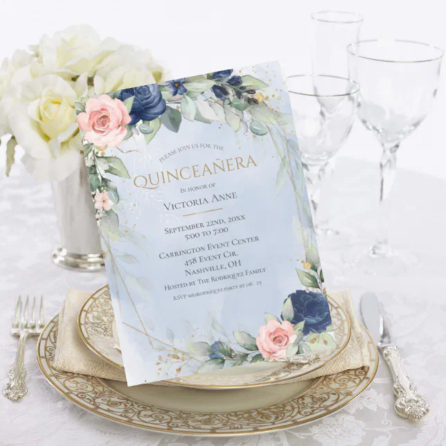Elegant Gold Watercolor Blue Pink Quinceañera Invitation | Zazzle