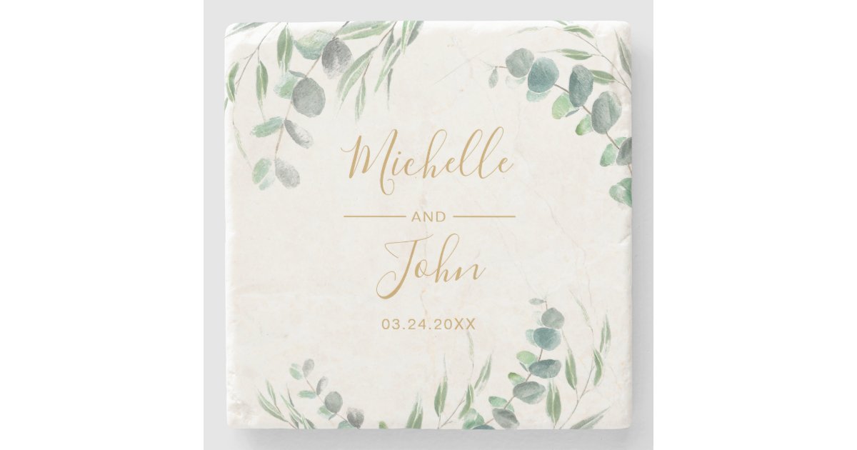 Elegant Gold Watercolor Eucalyptus Name Script Stone Coaster | Zazzle