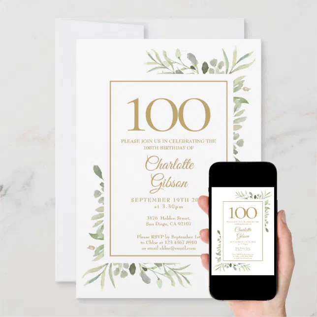Elegant Gold Watercolor Greenery 100th Birthday Invitation | Zazzle