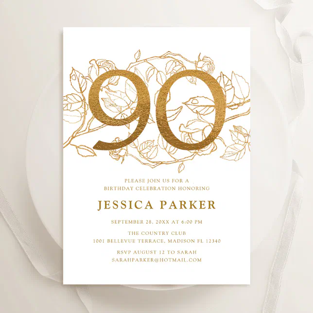 Elegant Gold White 90th Birthday Invitation | Zazzle