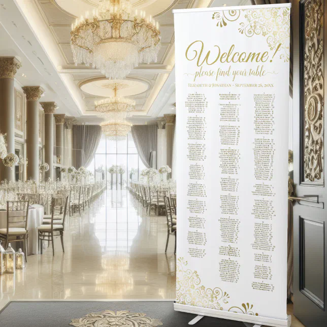 Elegant Gold & White Alphabetical Seating Chart Retractable Banner | Zazzle