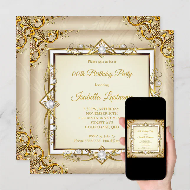 Elegant Gold White Beige Pearl Birthday Party Invitation | Zazzle