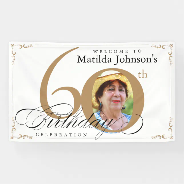 Elegant Gold White Calligraphy Photo 60th Birthday Banner | Zazzle