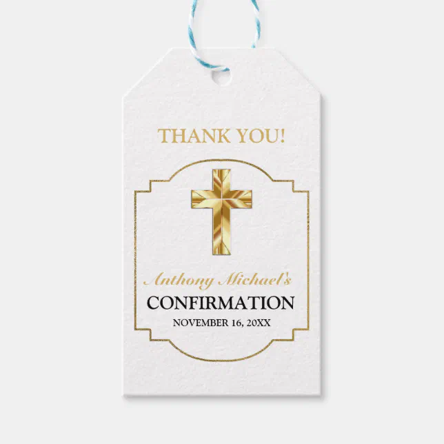 Elegant Gold White Catholic Confirmation Gift Tags | Zazzle