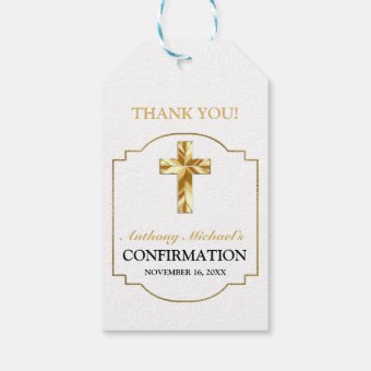 Elegant Gold White Catholic Confirmation Gift Tags | Zazzle