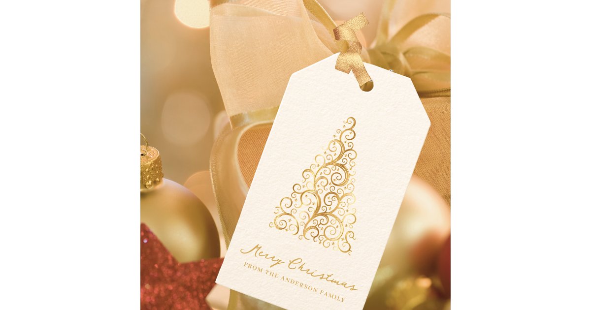 Elegant Gold White Christmas Tree Custom Gift Tags | Zazzle