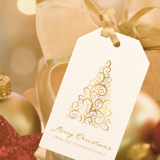 Elegant Gold White Christmas Tree Custom Gift Tags | Zazzle