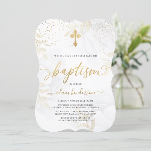 Elegant Gold & White Floral Baptism Invitation | Zazzle