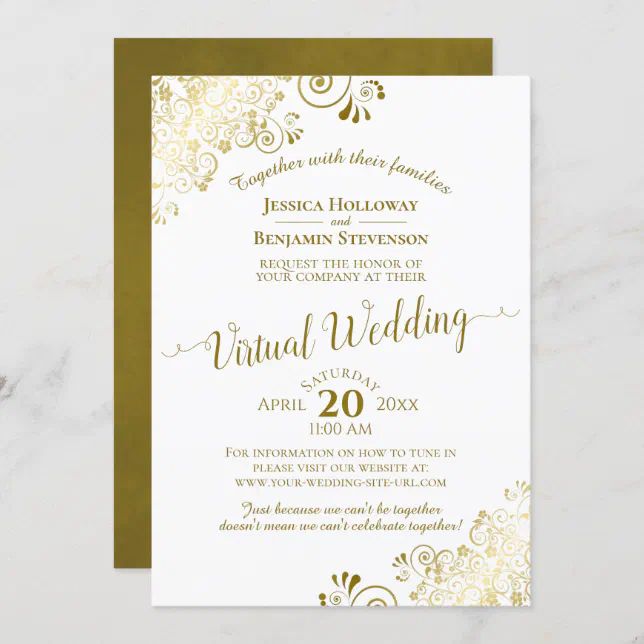 Elegant Gold & White Frilly Virtual Wedding Invitation | Zazzle