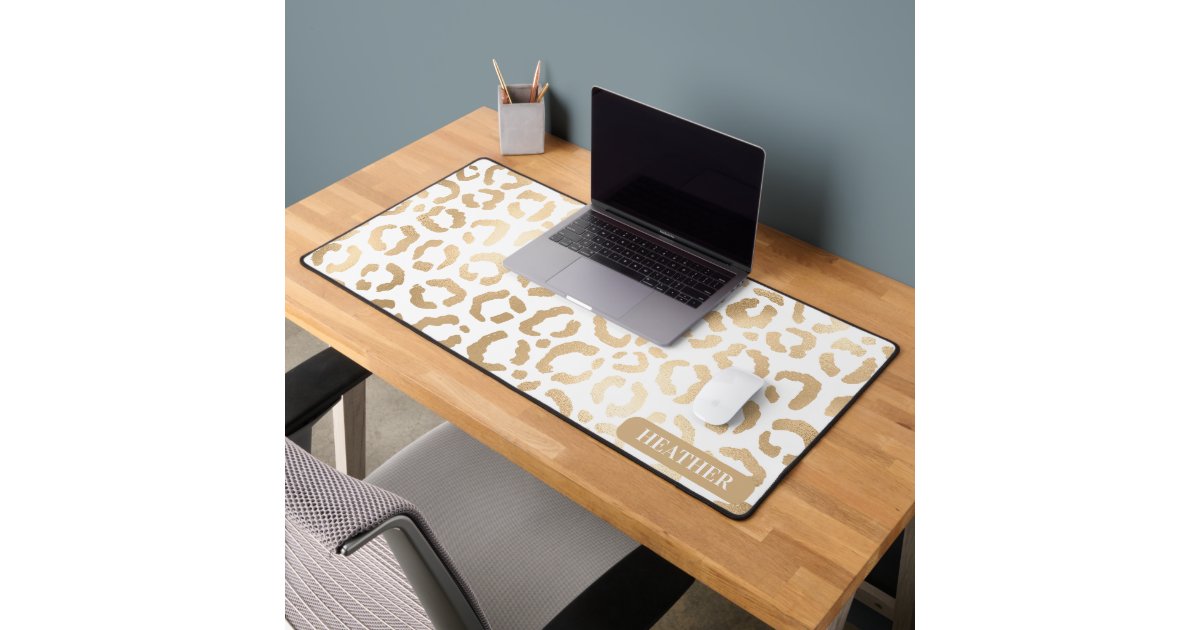 Elegant Gold White Leopard Cheetah Animal Print Desk Mat | Zazzle