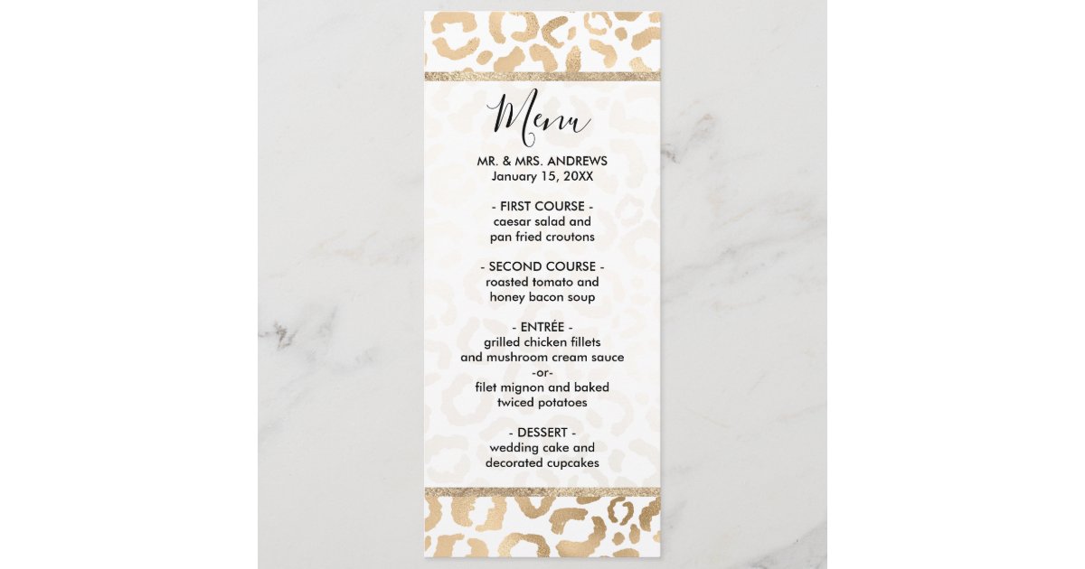 Elegant Gold White Leopard Cheetah Animal Print Menu | Zazzle