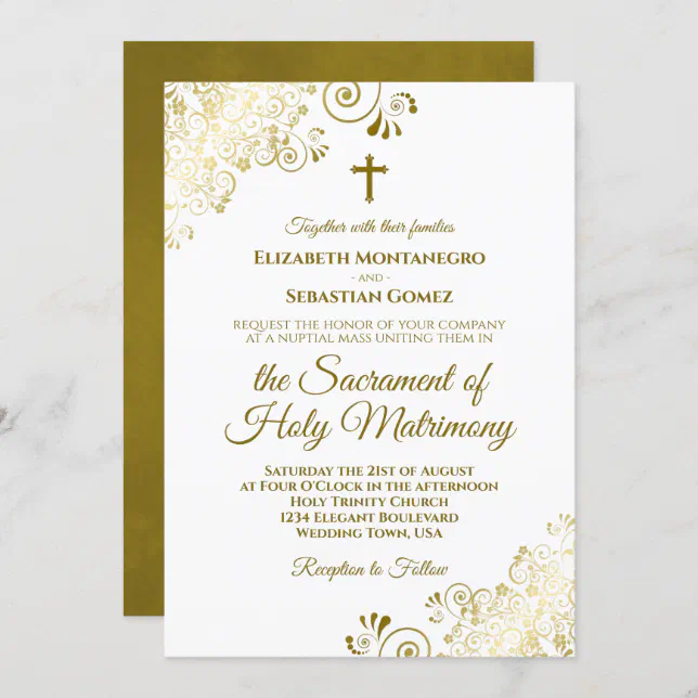 Elegant Gold & White Modern Catholic Wedding Invitation | Zazzle