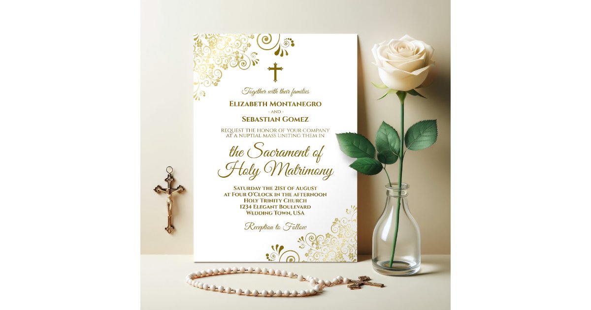Elegant Gold & White Modern Catholic Wedding Invitation | Zazzle