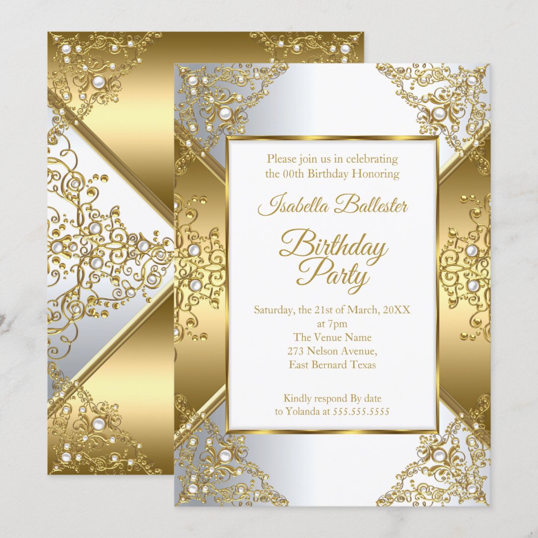 Elegant Gold White Pearl Silver Birthday Party Invitation | Zazzle