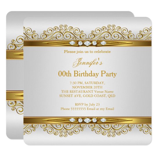 Elegant Gold White Silver Diamond Birthday Party 2 Invitation | Zazzle.com
