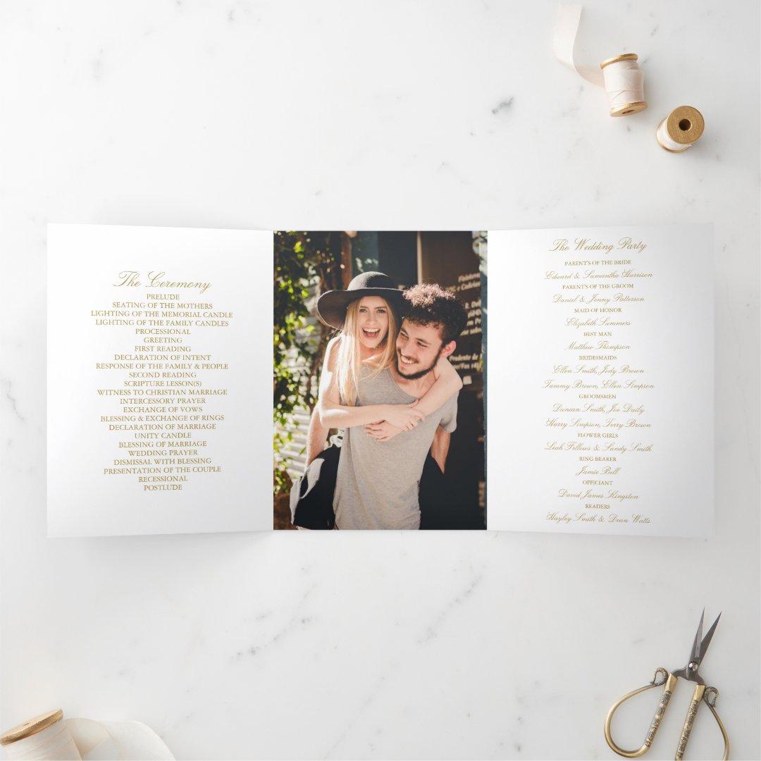 Elegant Gold & White Wedding Tri-Fold Program | Zazzle