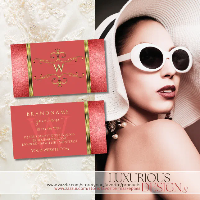 Elegant Gold with Ruby Red Glitter and Monogram Business Card | Zazzle