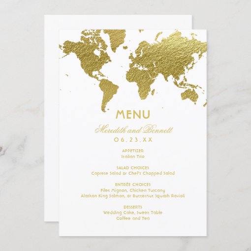 Elegant Gold World Map Custom Wedding Menu | Zazzle