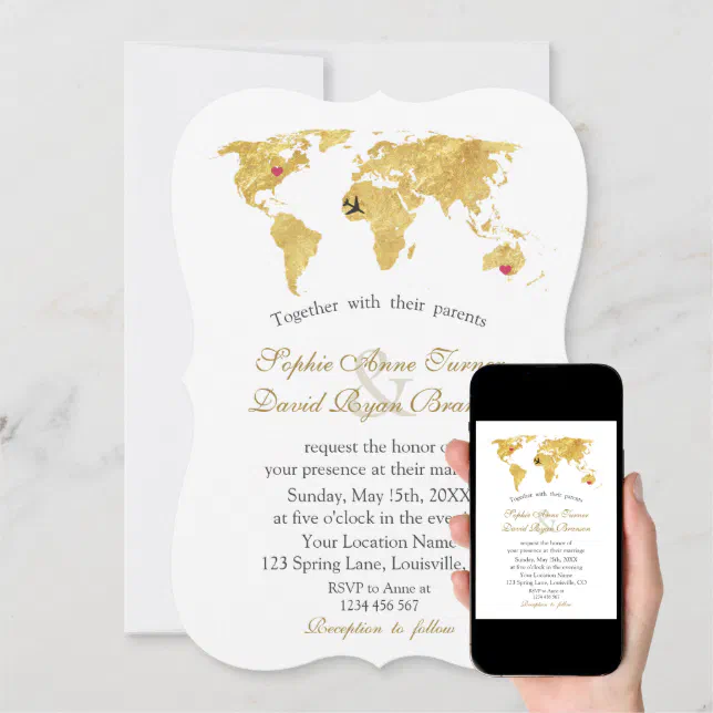 Elegant Gold World Map Destination Wedding Invitation | Zazzle