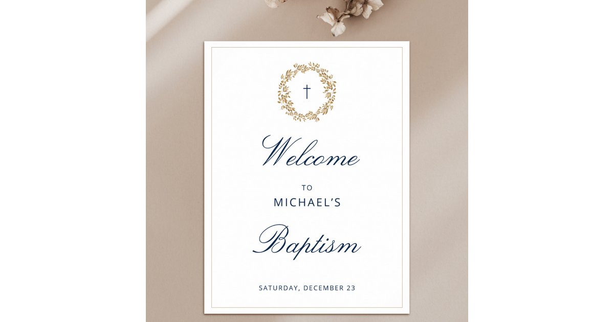Elegant Gold Wreath Navy Cross Baptism Christening Poster | Zazzle