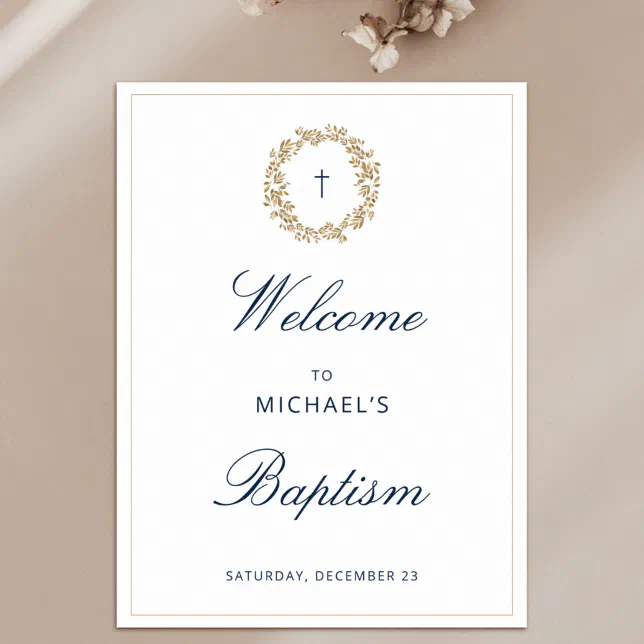Elegant Gold Wreath Navy Cross Baptism Christening Poster | Zazzle