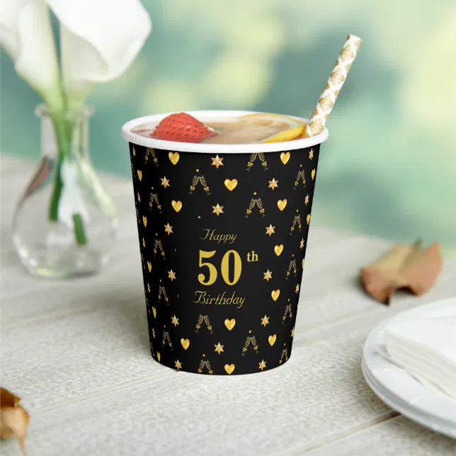 Elegant Golden 50th Birthday on Black Paper Cups | Zazzle