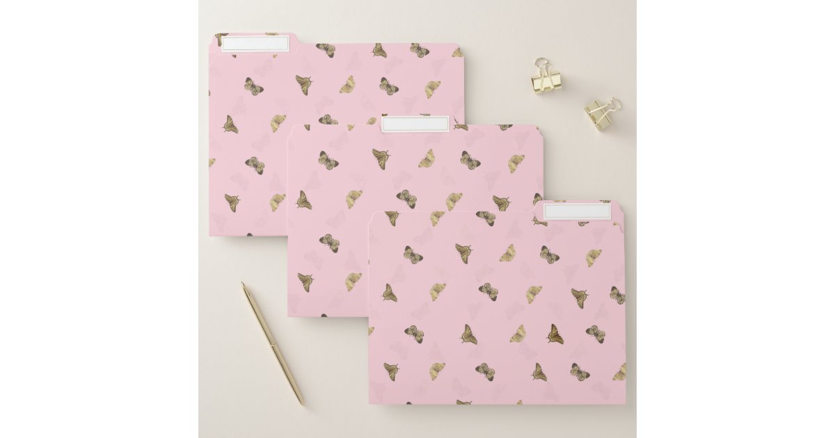 Elegant Golden Butterflies Pink Pattern File Folder | Zazzle