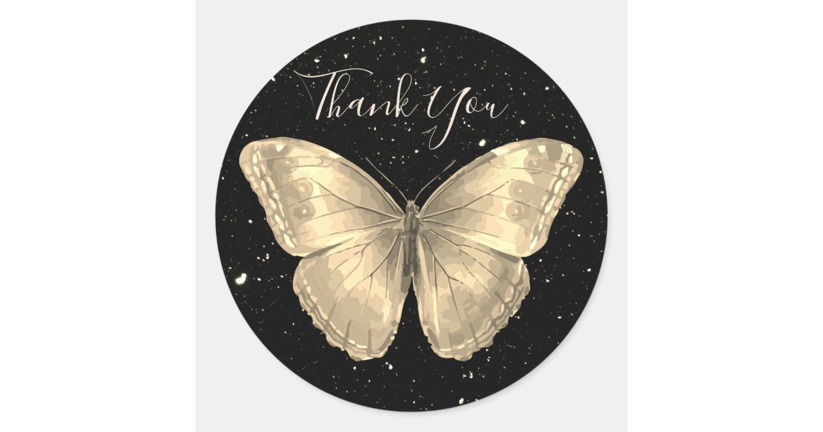 Elegant golden Butterfly and black sky with stars Classic Round Sticker ...