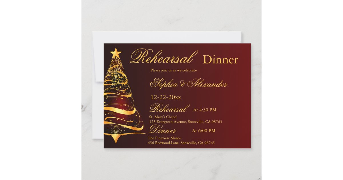 Elegant Golden Christmas tree wedding Rehearsal Invitation | Zazzle