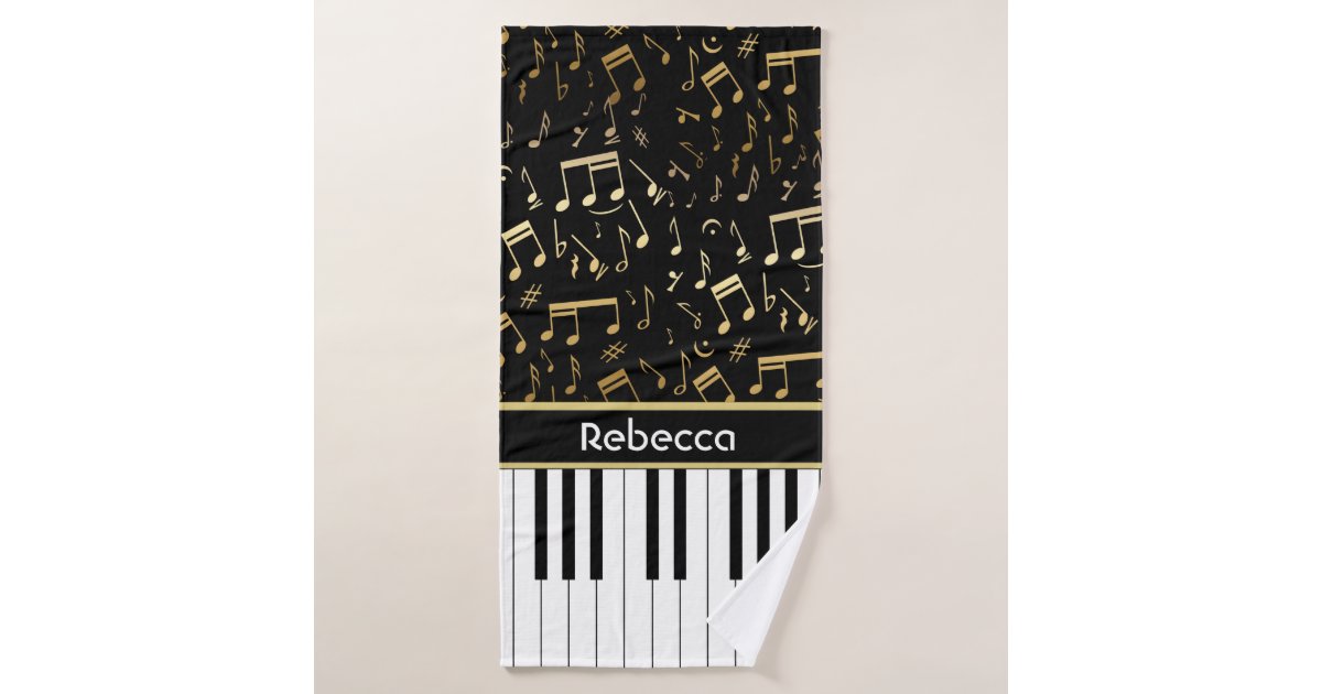 Elegant golden coloured music notes piano keys bath towel set | Zazzle