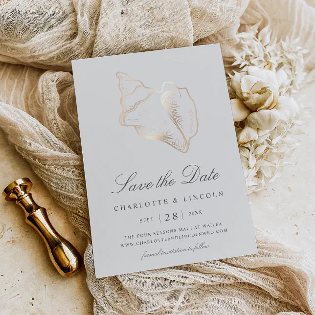 Elegant Golden Conch Shell Wedding Save The Date | Zazzle