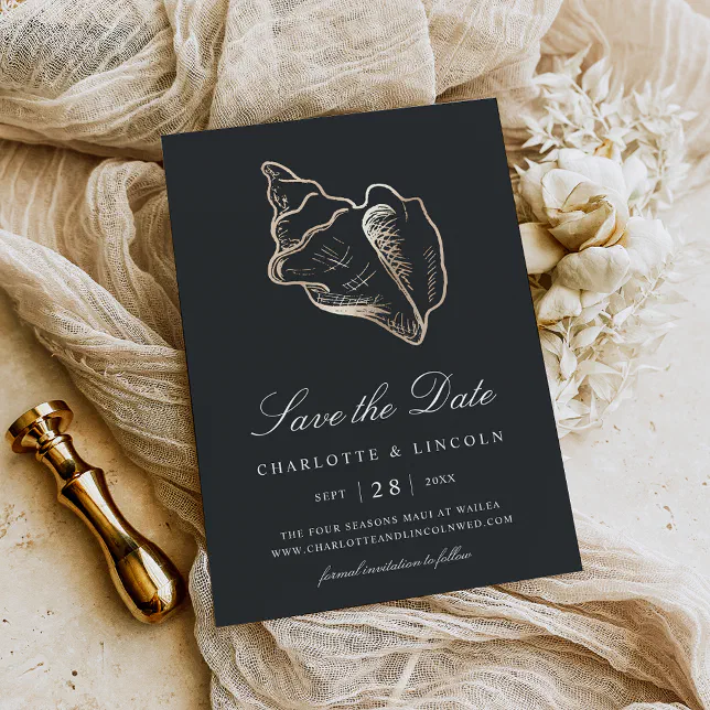 Elegant Golden Conch Shell Wedding Save The Date | Zazzle