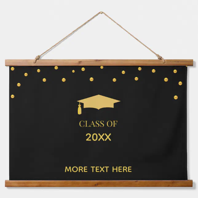 Elegant Golden Confetti Graduation on Black Hanging Tapestry | Zazzle