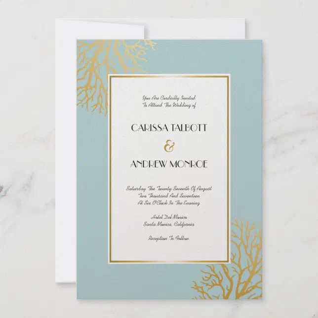 Elegant Golden Coral Reef Branches on Seafoam Invitation | Zazzle