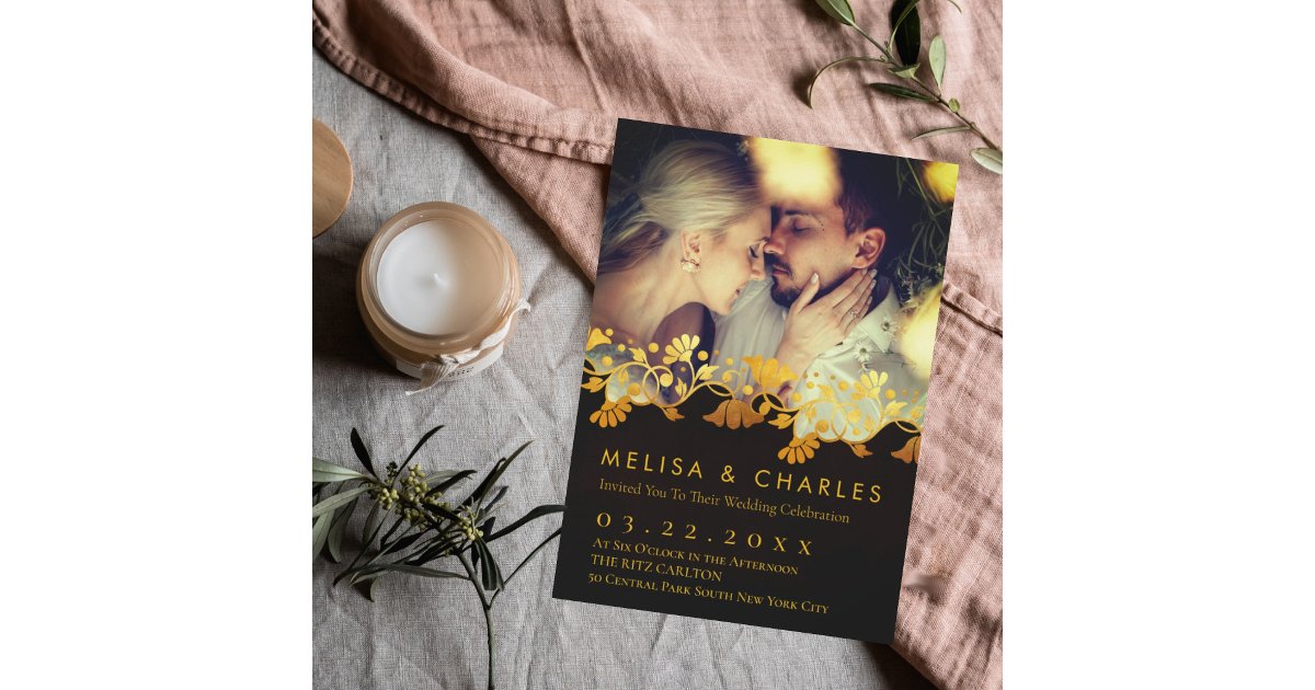Elegant golden flourish monogram floral photo foil holiday card | Zazzle