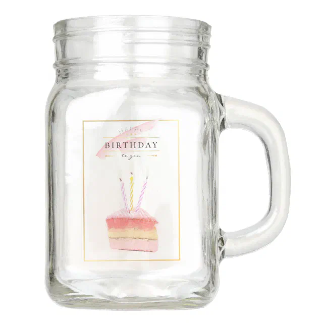 Elegant Golden Frame Birthday Cake Slice Mason Jar | Zazzle